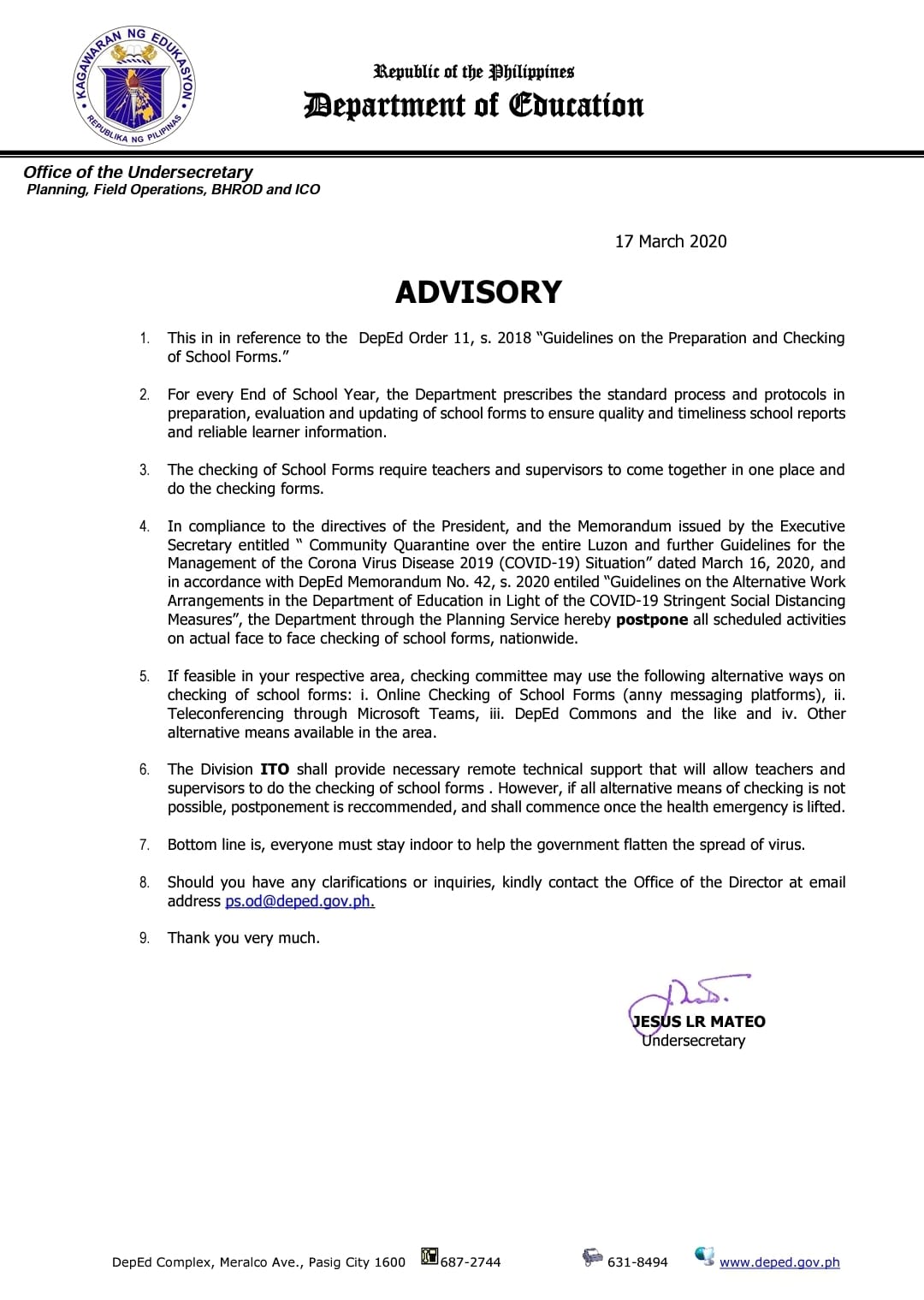 Advisory from USEC JESUS LR MATEO on DepEd Order No. 11, s. 2018 ...